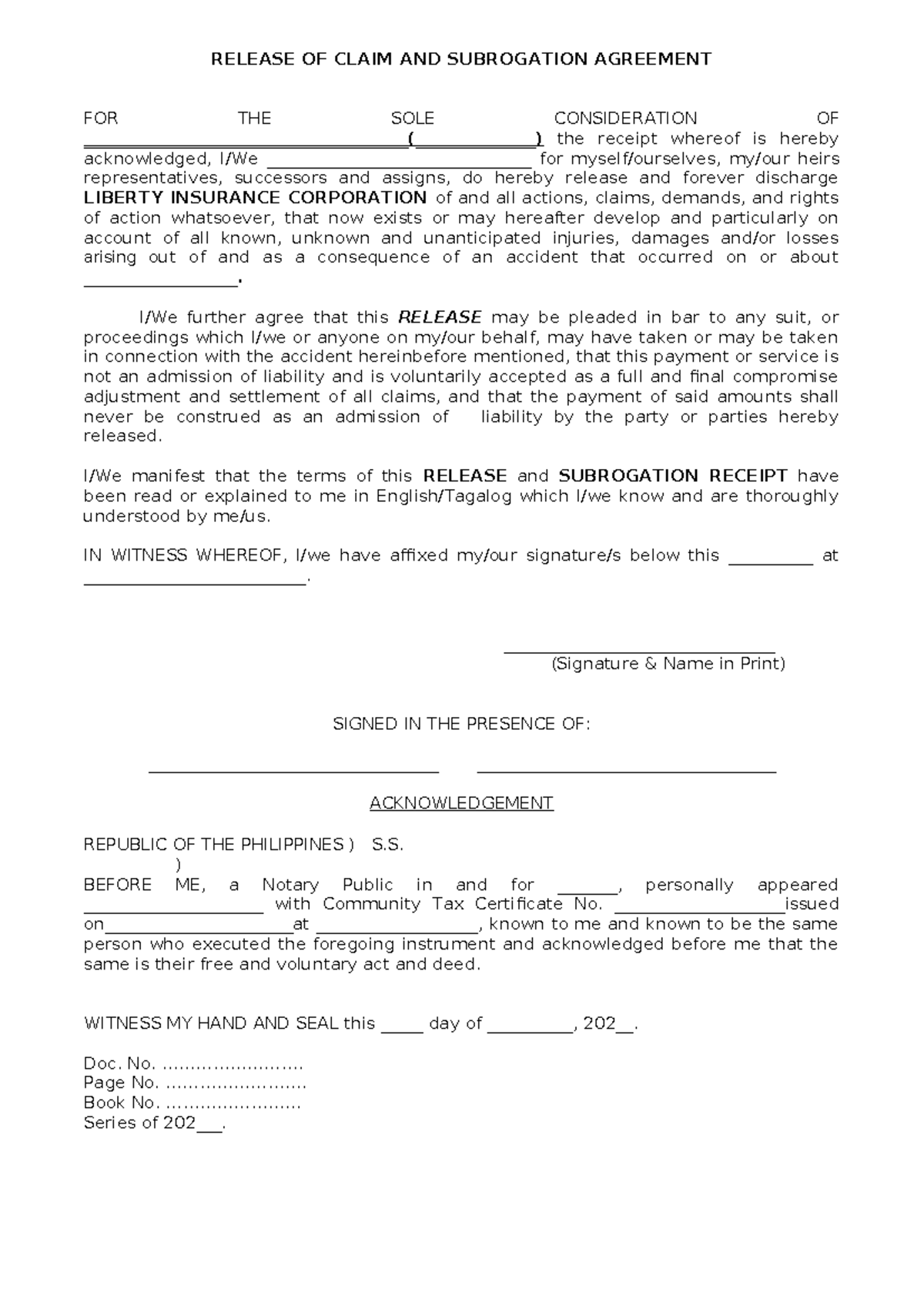 Release OF Claim - Template - RELEASE OF CLAIM AND SUBROGATION ...
