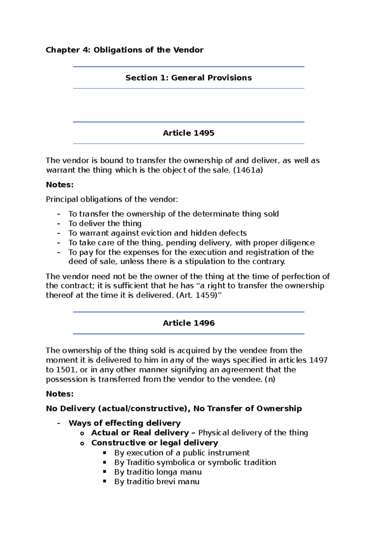 The law on sale- Chapter 4 - Chapter 4: Obligations of the Vendor ...