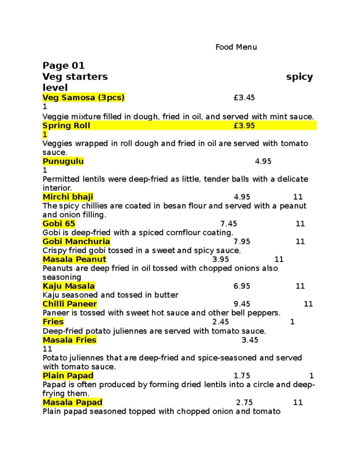 Namasthe new - yes - Food Menu Page 01 Veg starters spicy level Veg ...