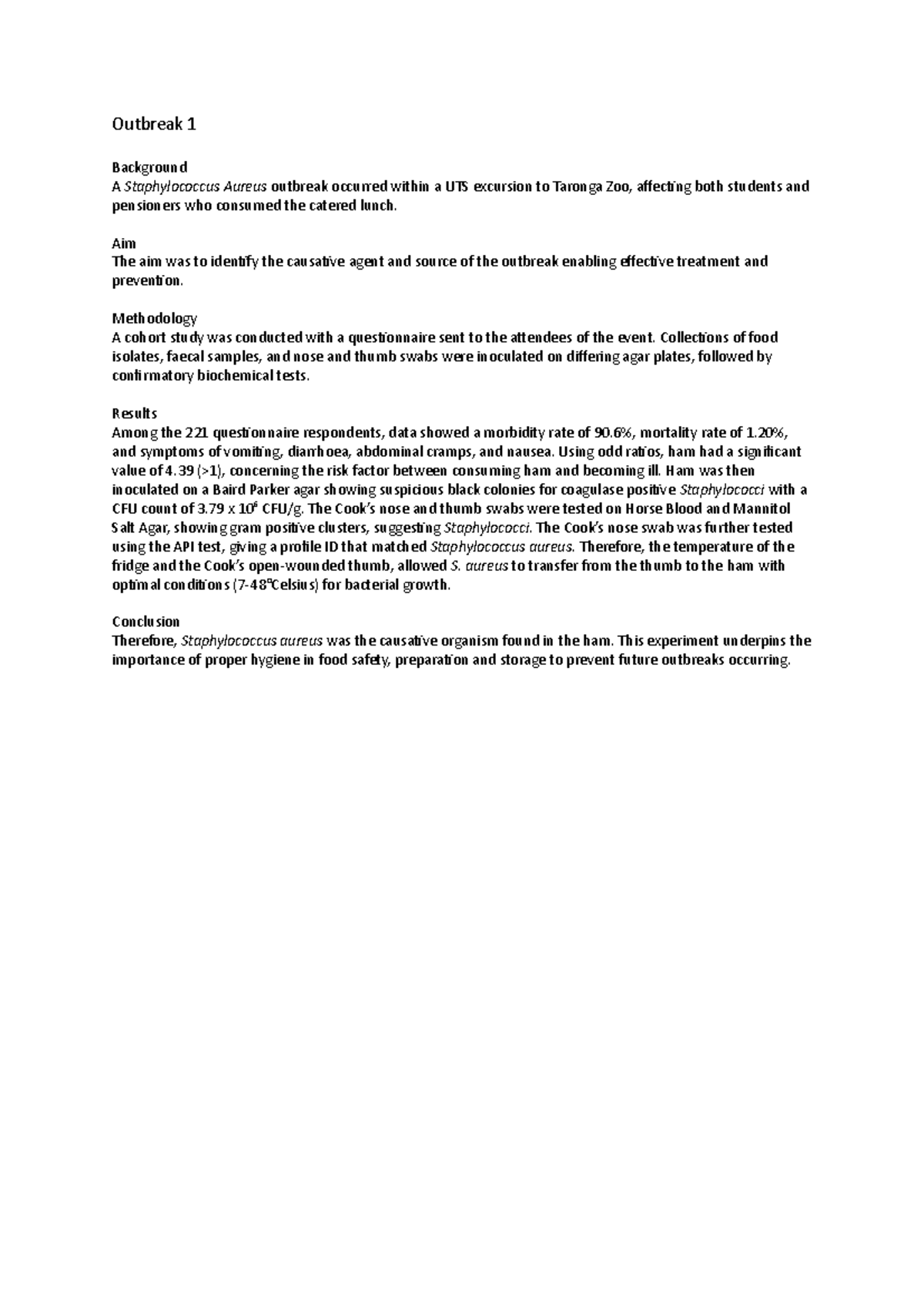 Epidemiology Abstract on Outbreak 1 - Staphylococcus aureus - Outbreak ...