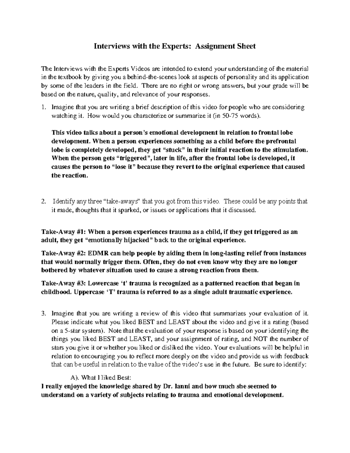 Experts 2-Pointer - Interviews with the Experts: Assignment Sheet The ...