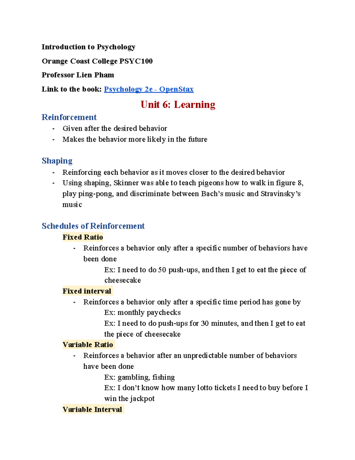 Unit 6 Learning - Introduction to Psychology Orange Coast College PSYC ...