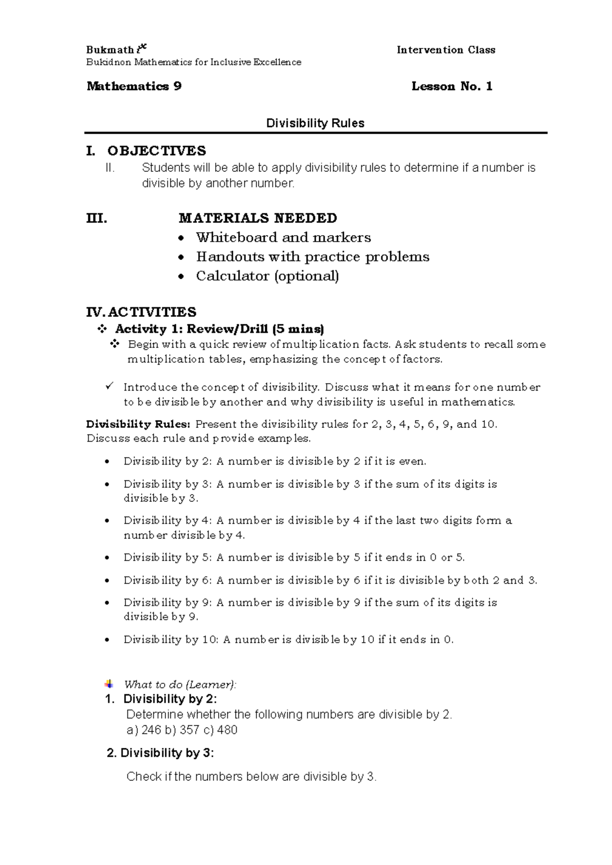1.1Divisibility Rules - Bukidnon Mathematics for Inclusive Excellence ...
