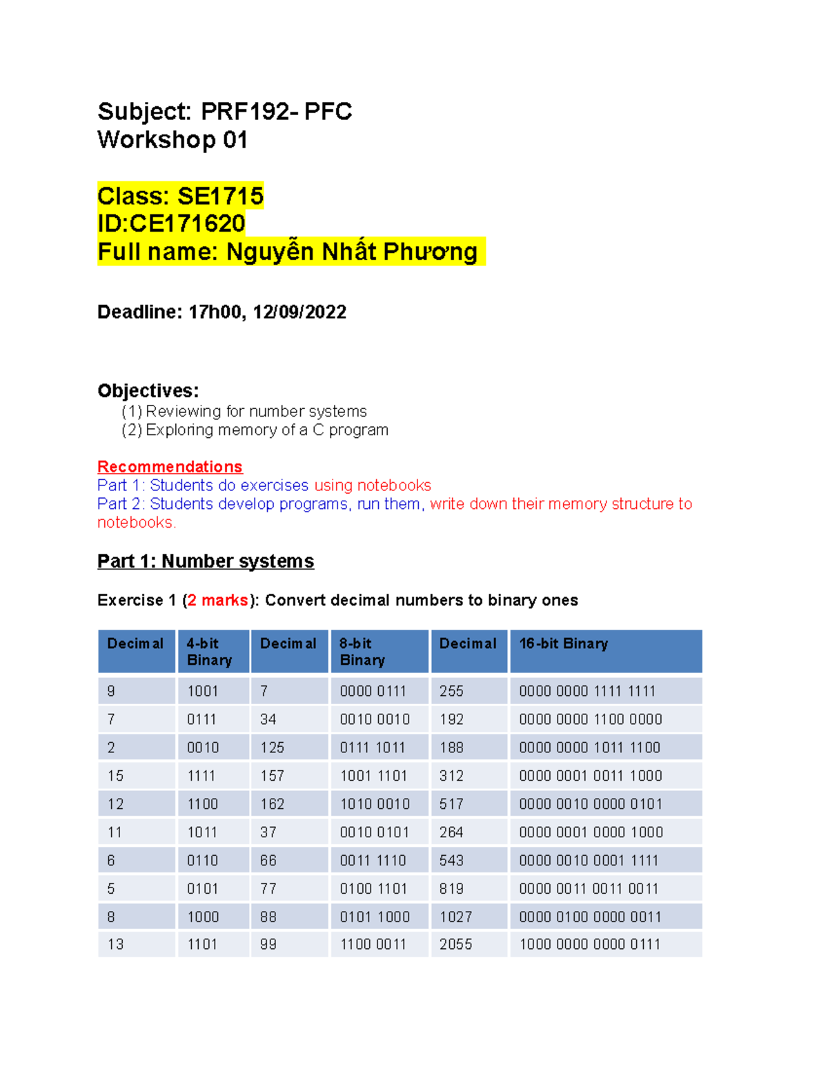 Ws1 - F QỪ QWFQFQ WFQW F - Subject: PRF192- PFC Workshop 01 Class: SE ...
