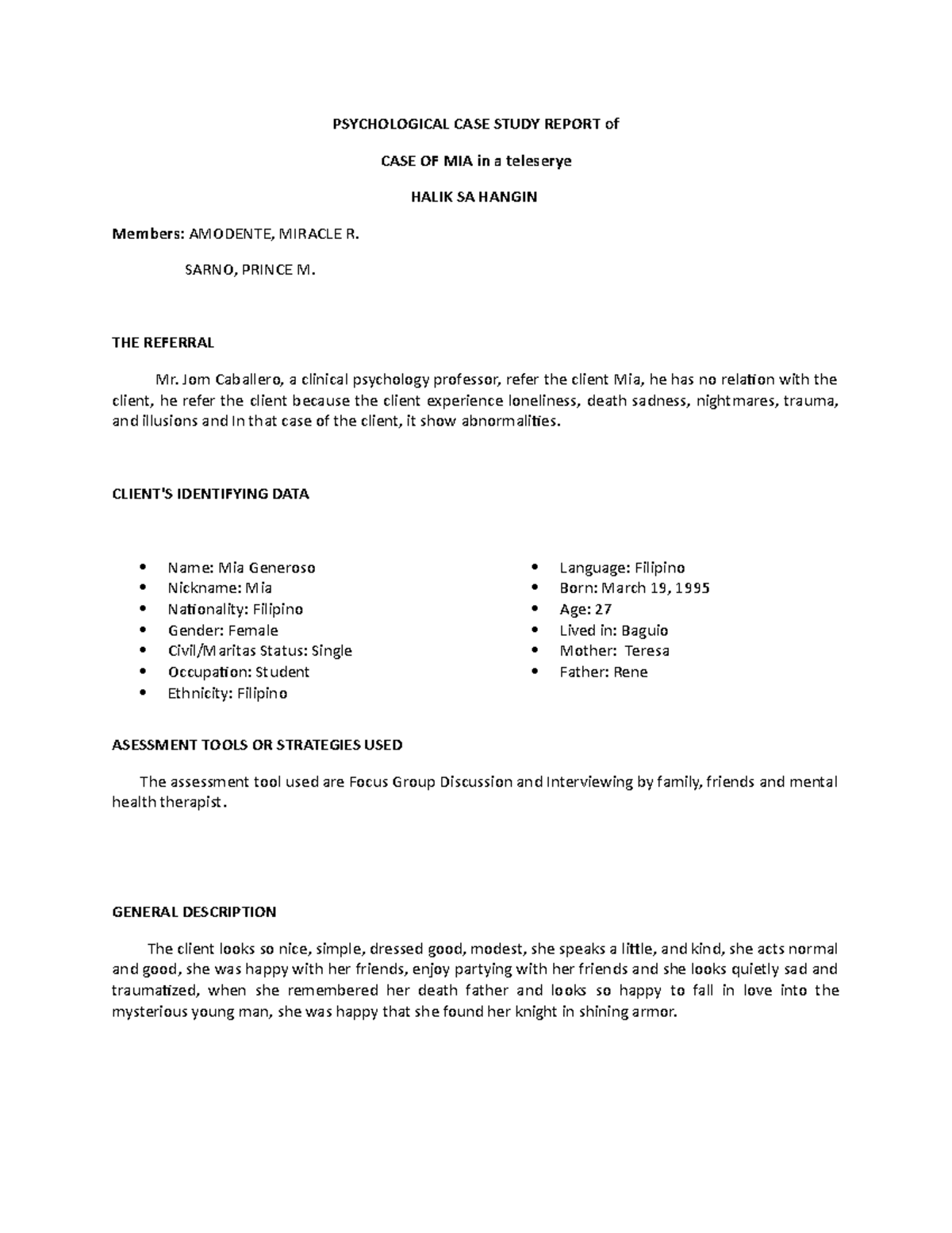 Case Studyof Mia - case study for mia - PSYCHOLOGICAL CASE STUDY REPORT ...