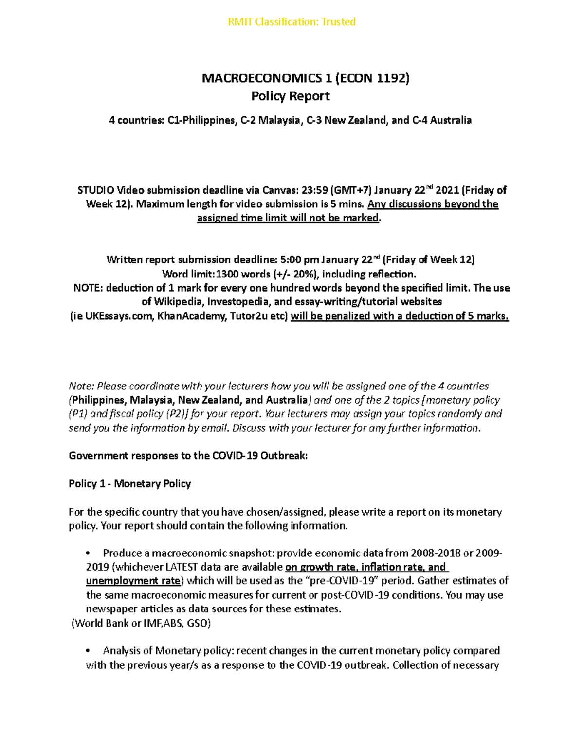 Final Assessment ECON1192 2020 C - Macroeconomics 1 - RMIT University ...