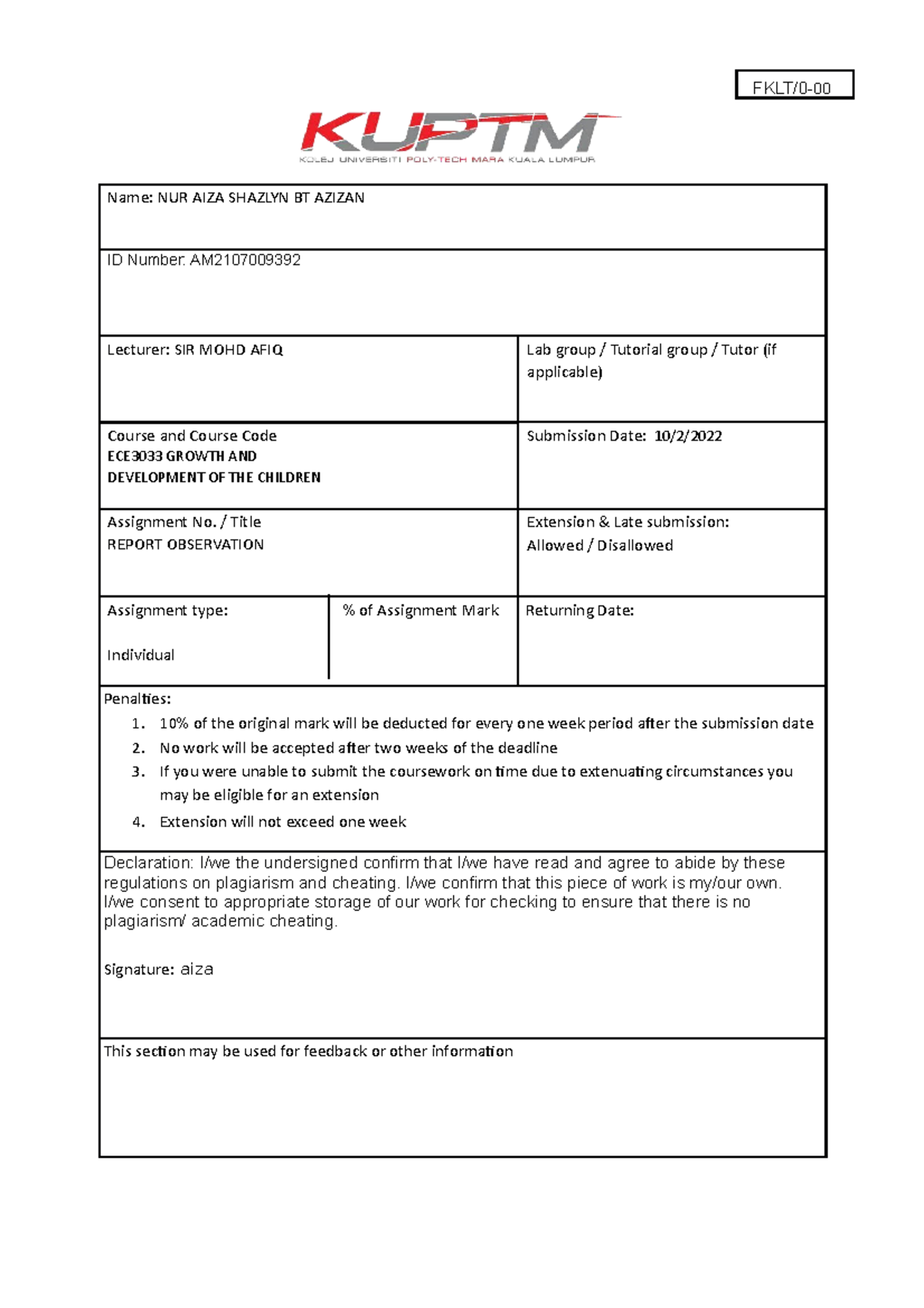 Individual Growth - Name: NUR AIZA SHAZLYN BT AZIZAN ID Number: AM ...