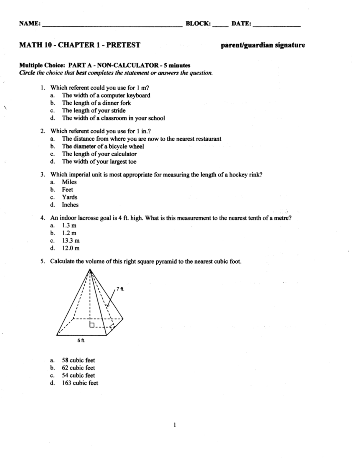 Math Ch1-pretest without answer key - volume - Studocu