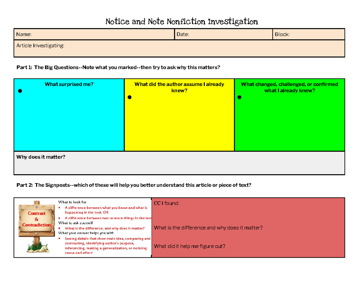 Copy of Notice and Note Nonfiction Investigation - Name: Notice and ...
