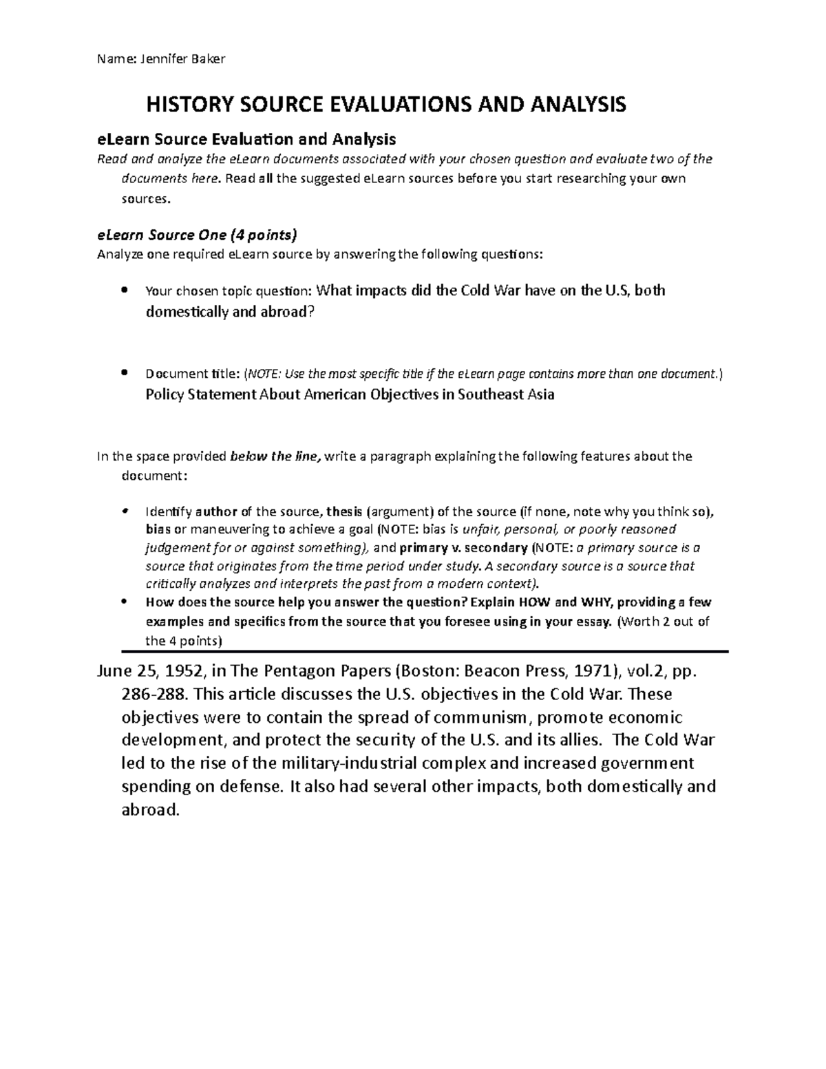 Source-Based Research project#3 - Name: Jennifer Baker HISTORY SOURCE ...