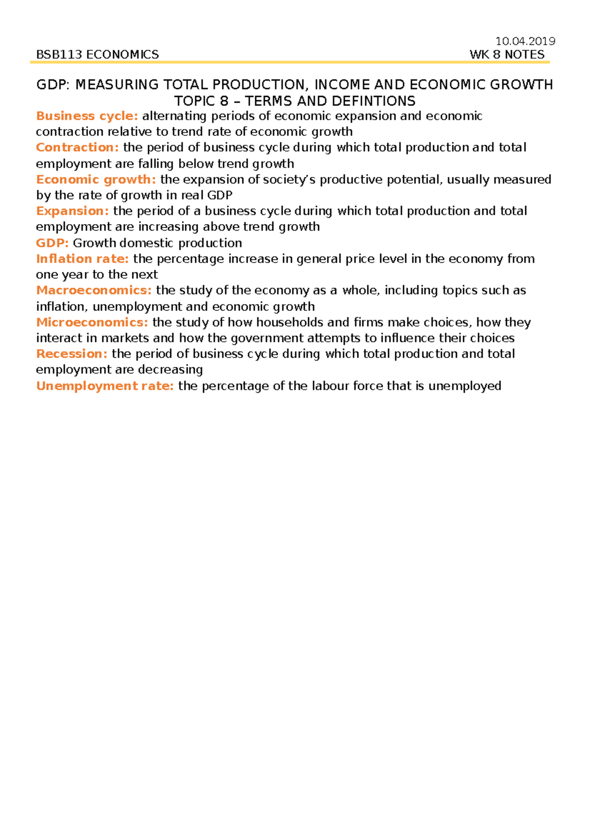 8 GDP - Lecture notes from torts unit - BSB113 ECONOMICS WK 8 NOTES GDP ...