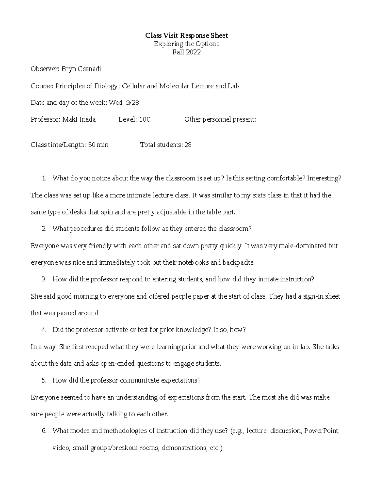 Anchor 2 - Interviews OR Class Visits (1) - Class Visit Response Sheet Exploring the Options ...
