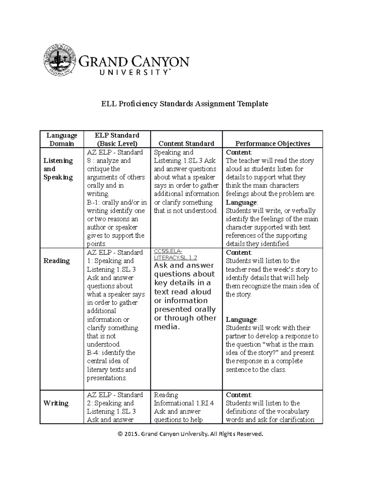 ELL Proficiency Standards Assignment Template - ELL Proficiency ...