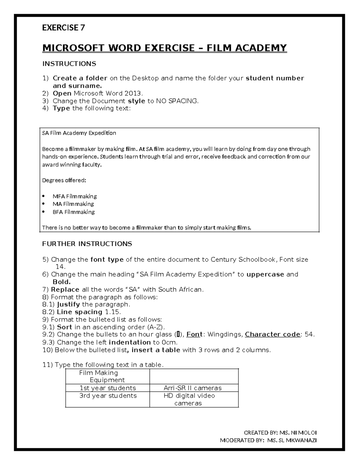 Exercise 7 - FILM Academy - EXERCISE 7 MICROSOFT WORD EXERCISE – FILM ...