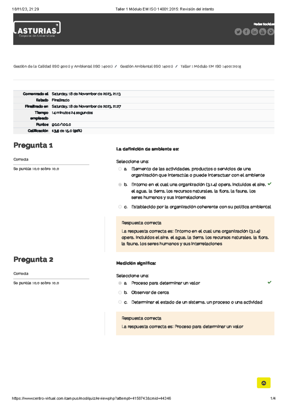 Taller 1 Módulo EM ISO 14001 2015 Taller 1 - Redes Sociales Gestión de la Calidad (ISO - Studocu