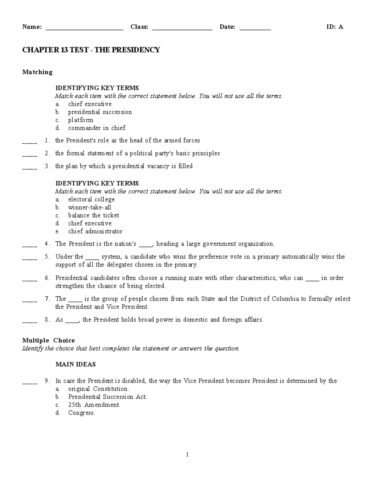 CH13 - THE Presidency TEST2 - Name: ______________________ Class ...