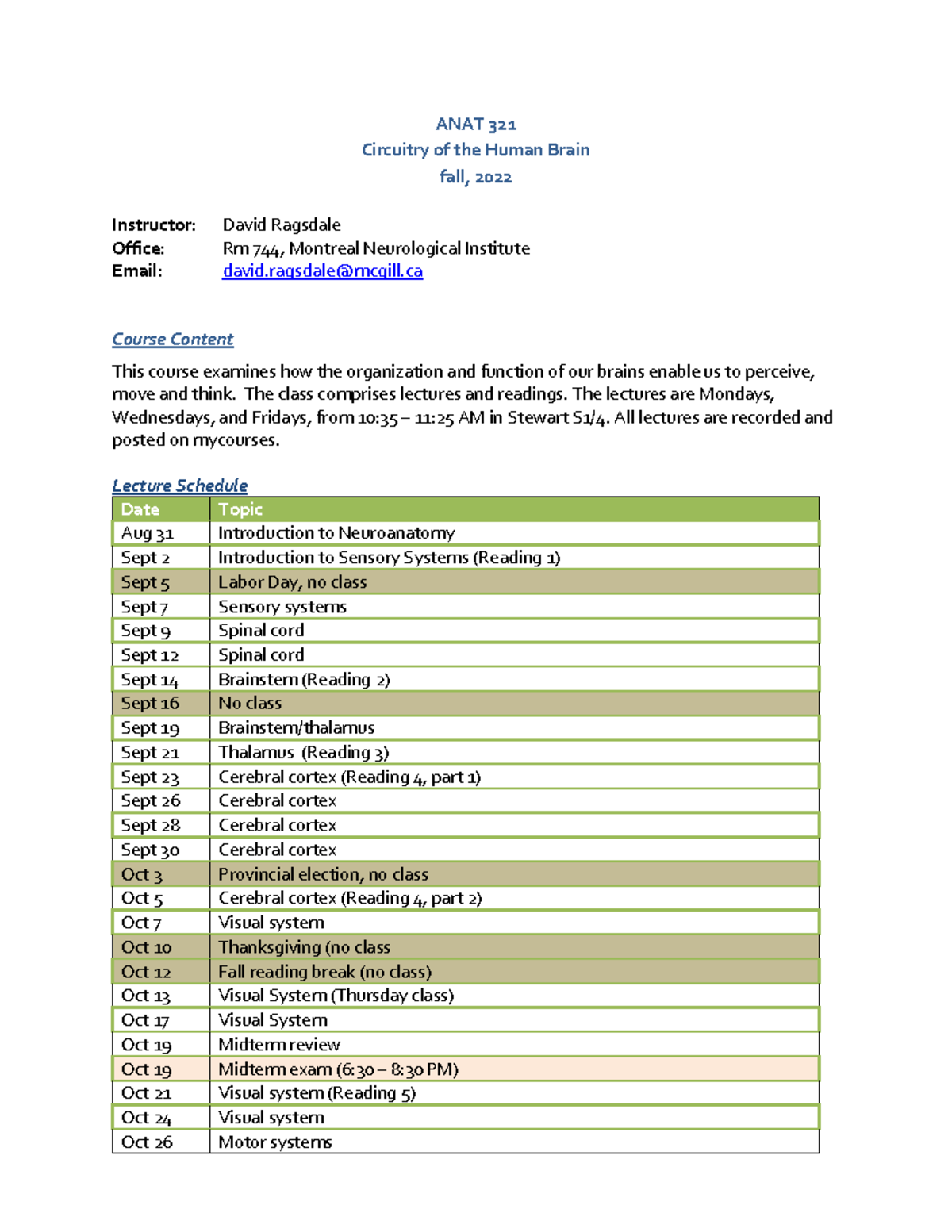ANAT 321 course outline 2022 - ANAT 321 Circuitry of the Human Brain ...