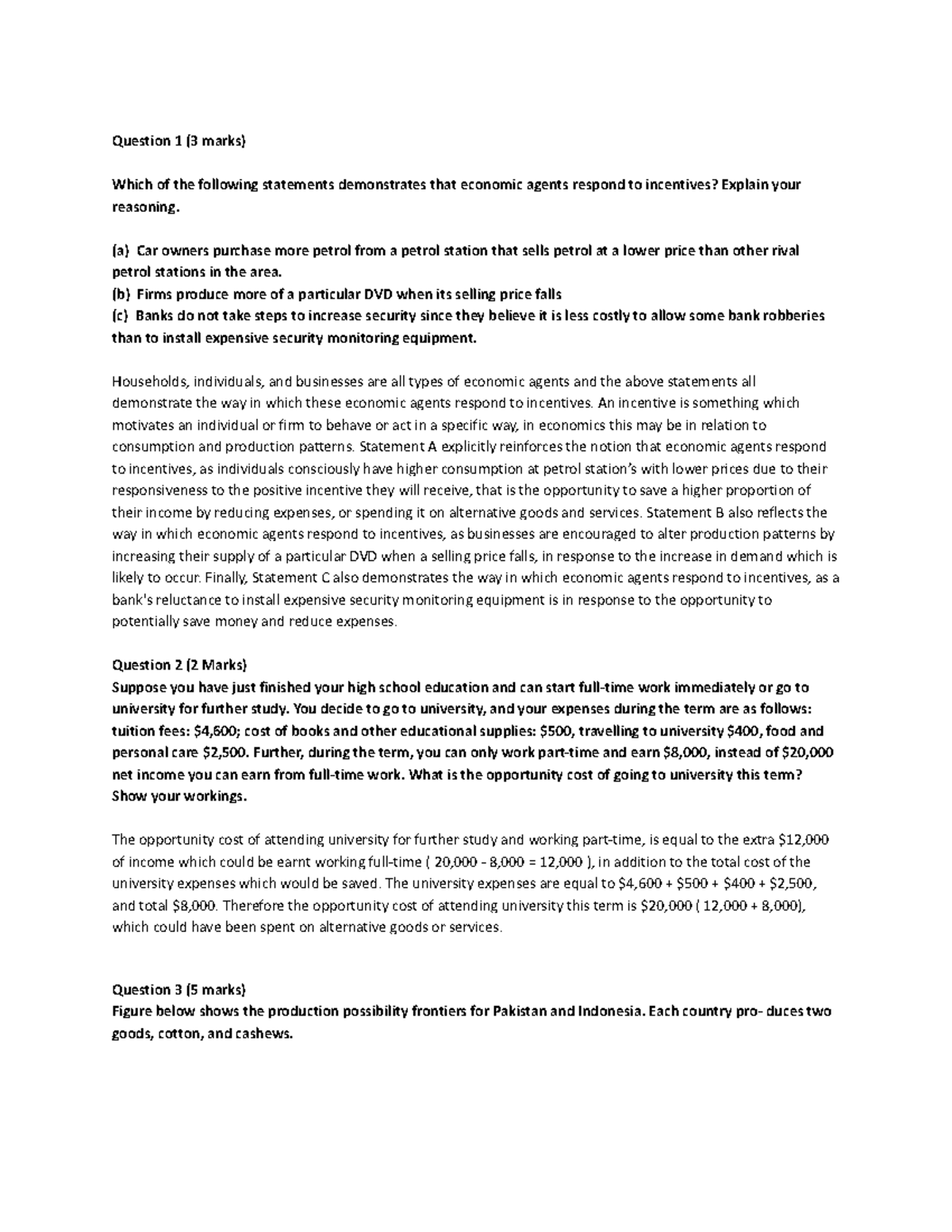 ECON100 - Assessment 1 - QUIZ 1 - Question 1 (3 marks) Which of the ...