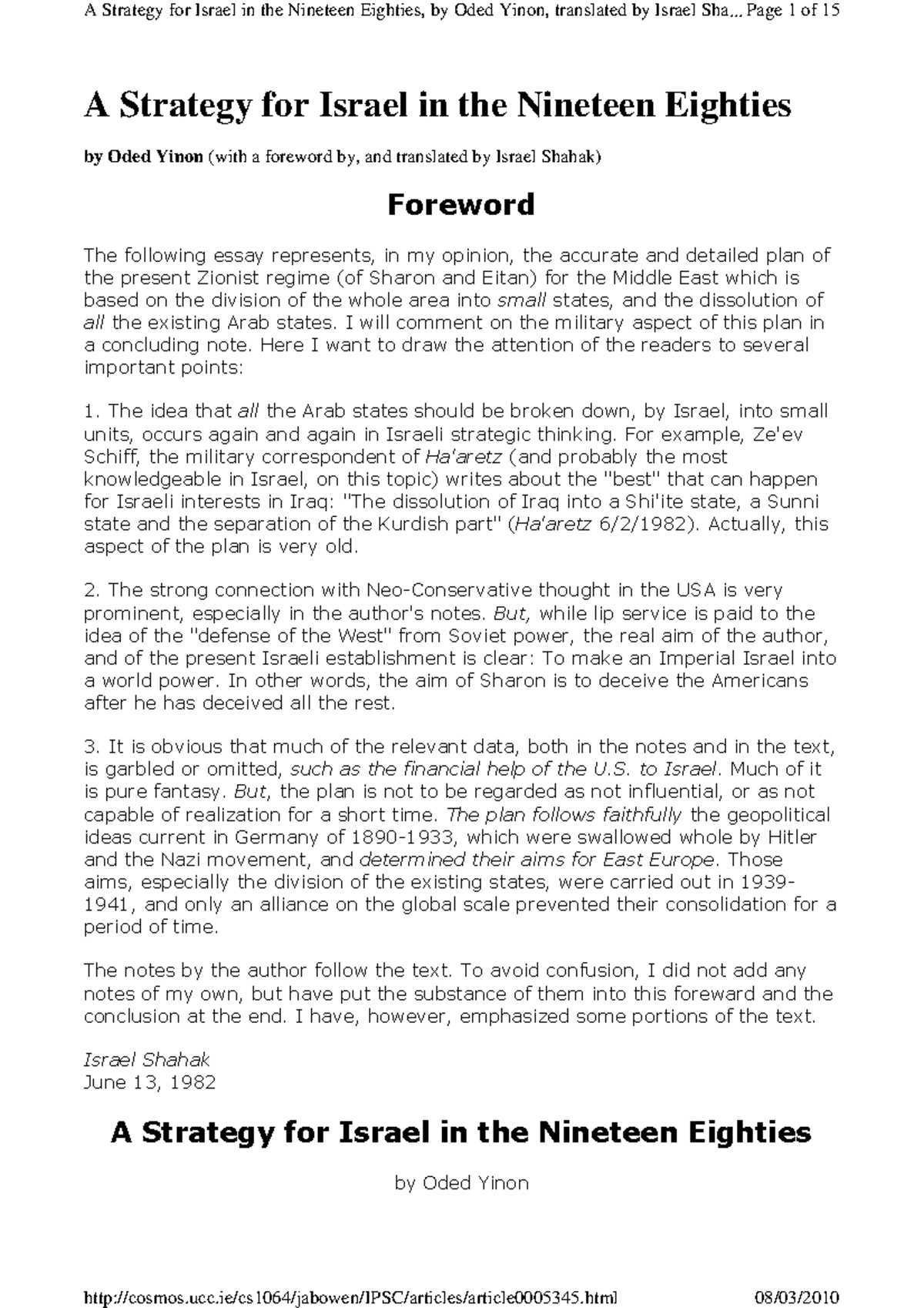 A strategy for Israel in the Nineteen Eighties - I will comment on the ...