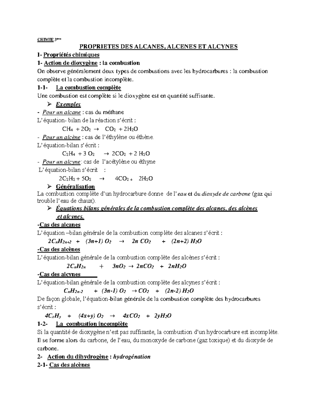 Alcene exercises - CHIMIE 3 ème PROPRIETES DES ALCANES, ALCENES ET ...