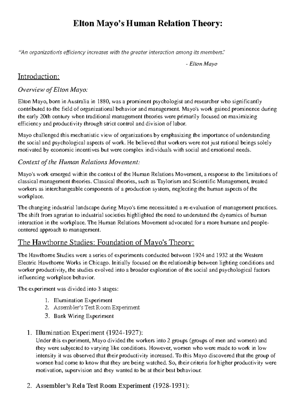 Human Relation Theory - Summary B.A.(Hons.) Pol. Science - Elton Mayo’s ...