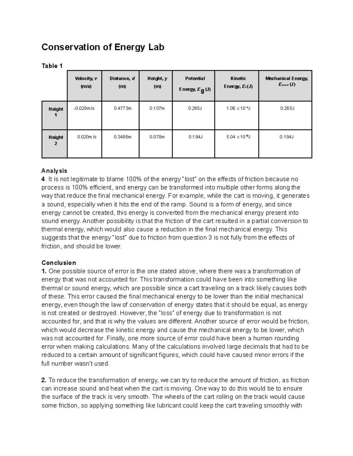 Conservation of Energy Lab - Conservation of Energy Lab Table 1 ...