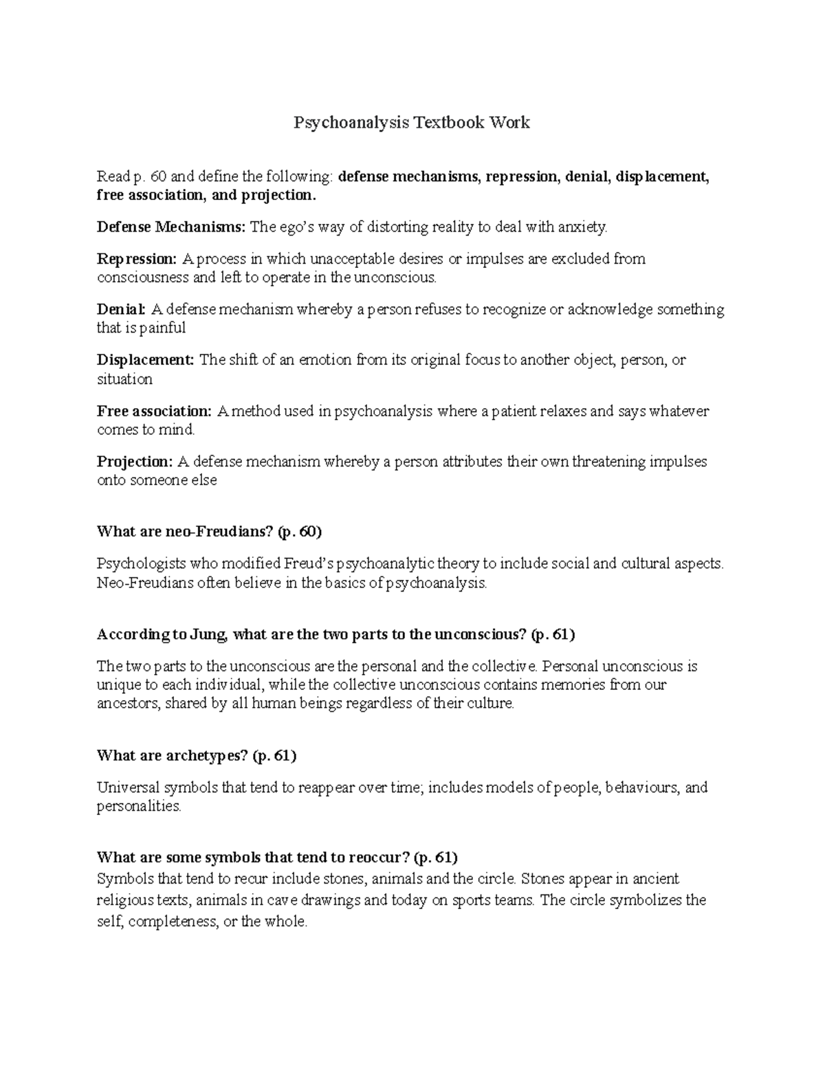 Psychoanalysis Textbook Work - 60 and define the following: defense ...