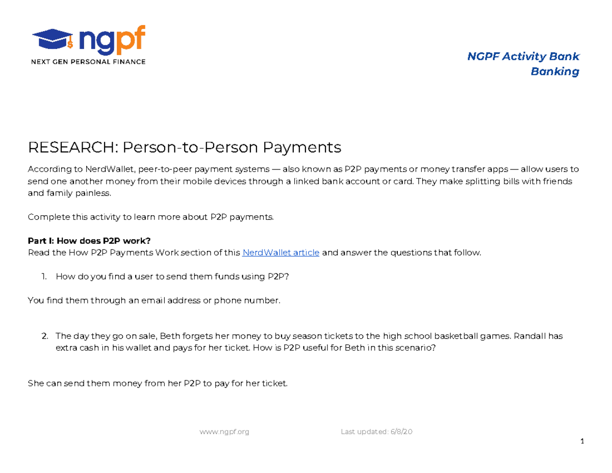 Research Person-to-Person Payments - NGPF Activity Bank Banking ...