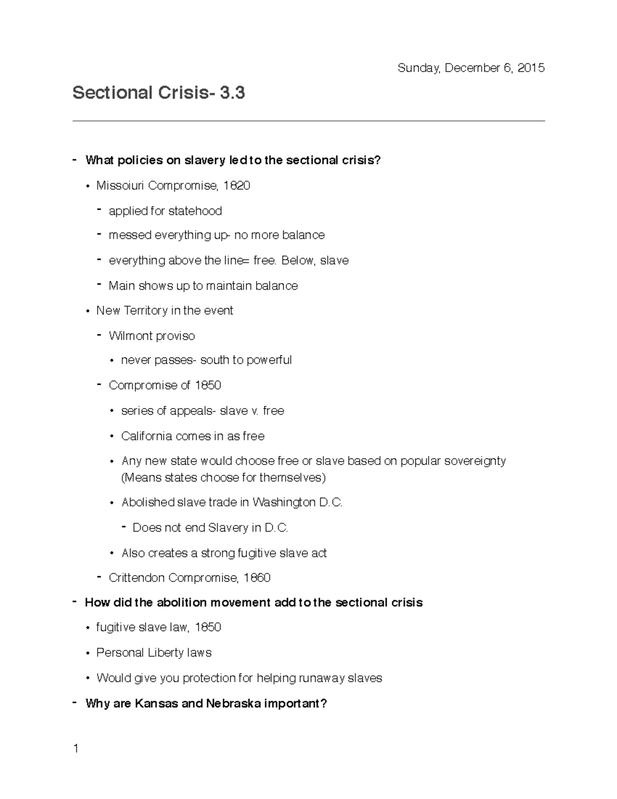 3-3 Sectional Crisis - Lecture notes 3.3 - Sunday, December 6, 2015 ...