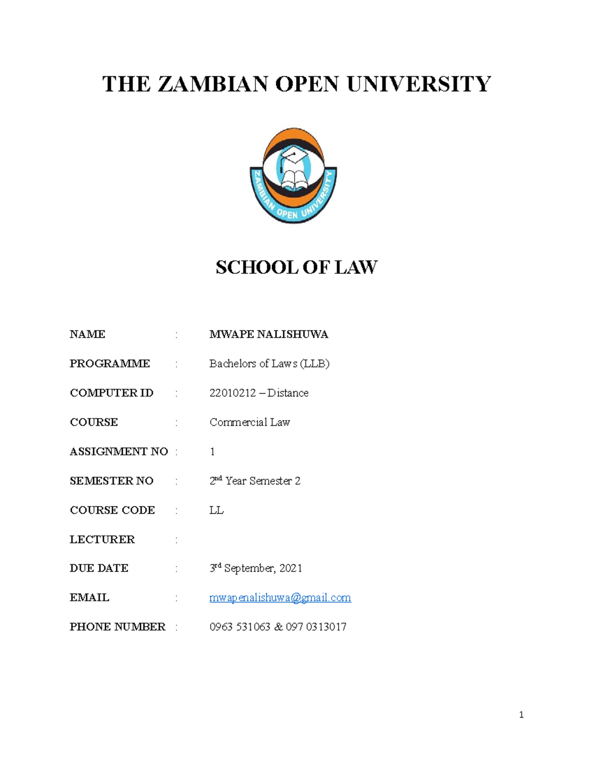 2 Commercial Law Semester 2 Assign 2 - THE ZAMBIAN OPEN UNIVERSITY ...