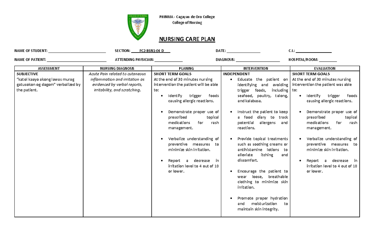 Skin-NCP - This is a sample NCP - PHINMA - Cagayan de Oro College ...