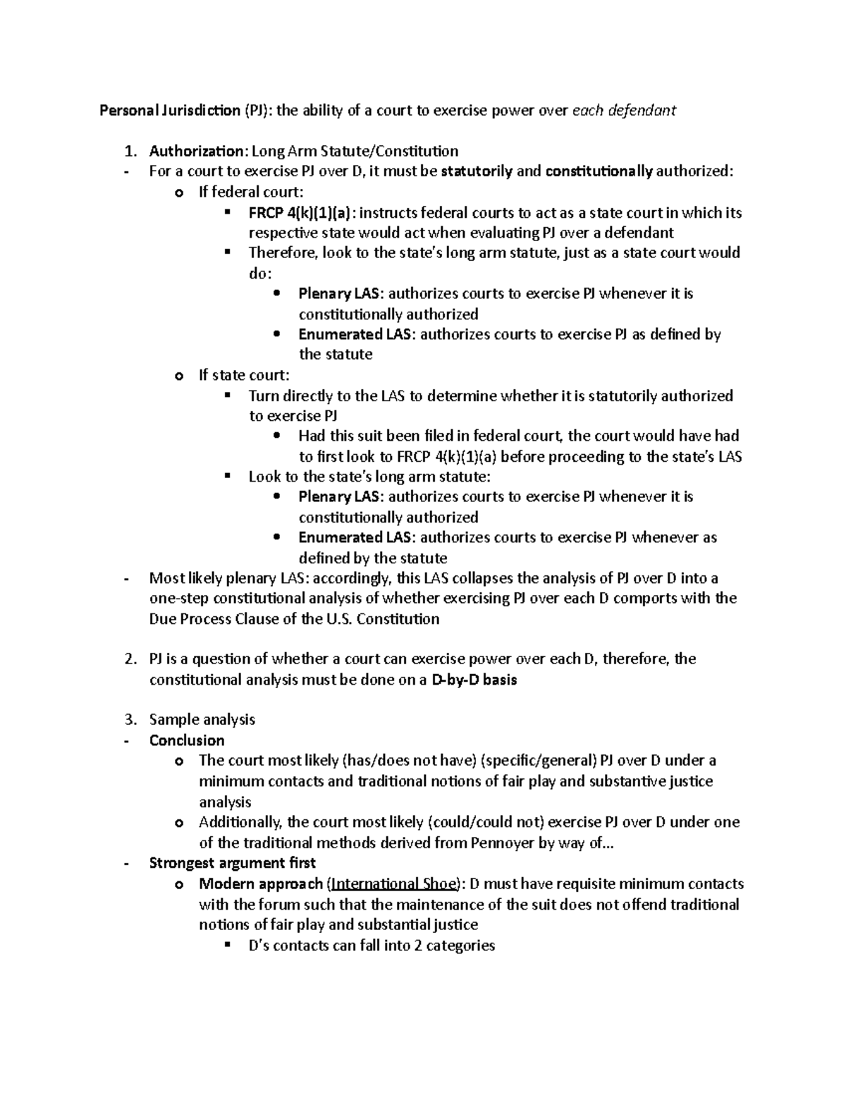 Attack outline - Personal Jurisdiction (PJ): the ability of a court to ...