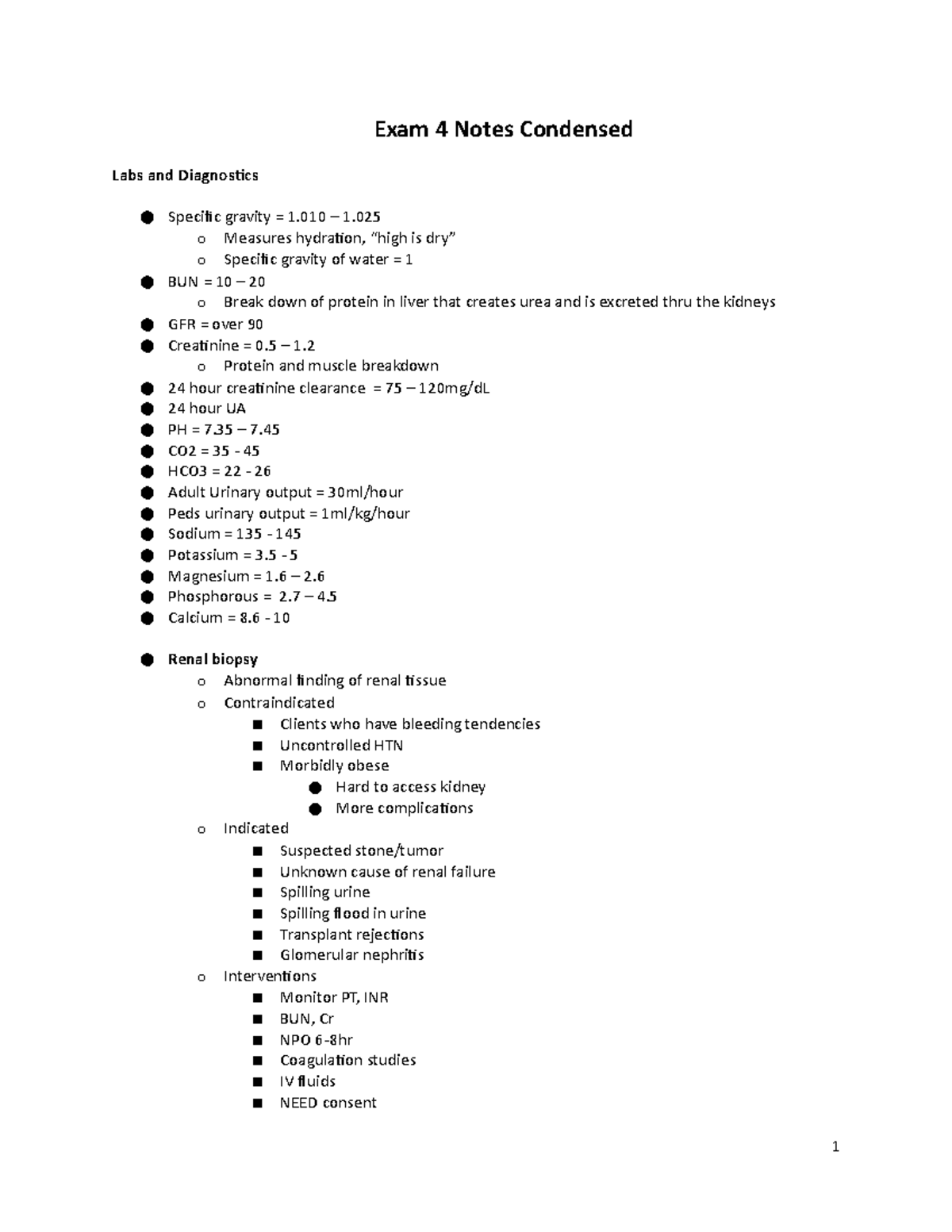 Renal condensed notes - Exam 4 Notes Condensed Labs and Diagnostics ...