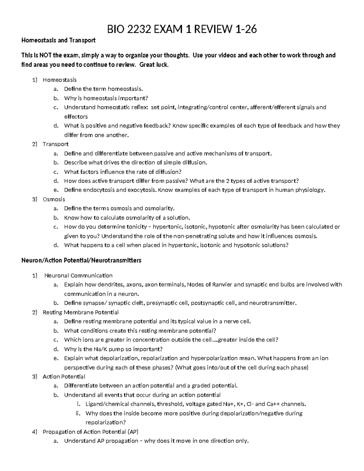 Review Sheet for Exam 1 - Objectives 1-26 - BIO 2232 EXAM 1 REVIEW 1 ...