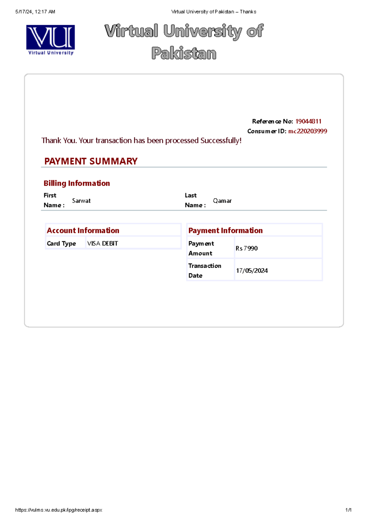 Virtual University of Pakistan Spring Semester 2024 Fees - Reference No ...