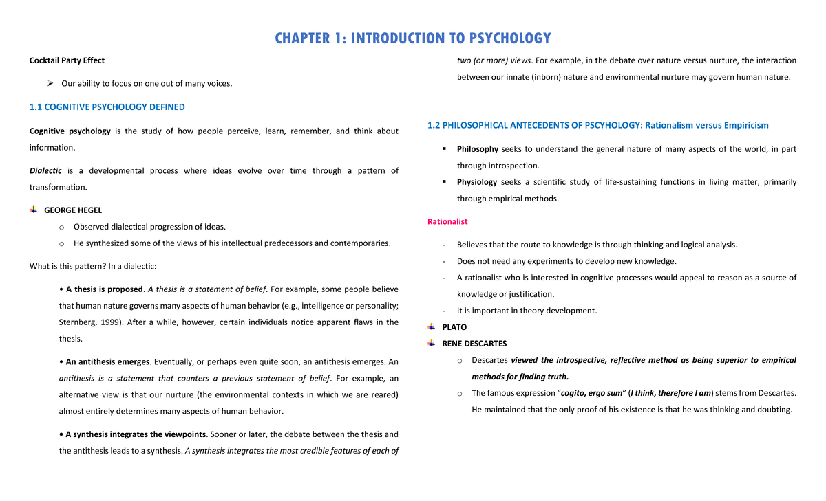Cogpsych - Chapter 1 - Cocktail Party Effect Our ability to focus on ...
