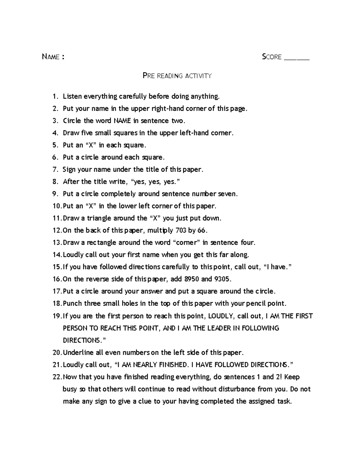 Pre reading Activity - NAME : SCORE ______ PRE READING ACTIVITY Listen ...