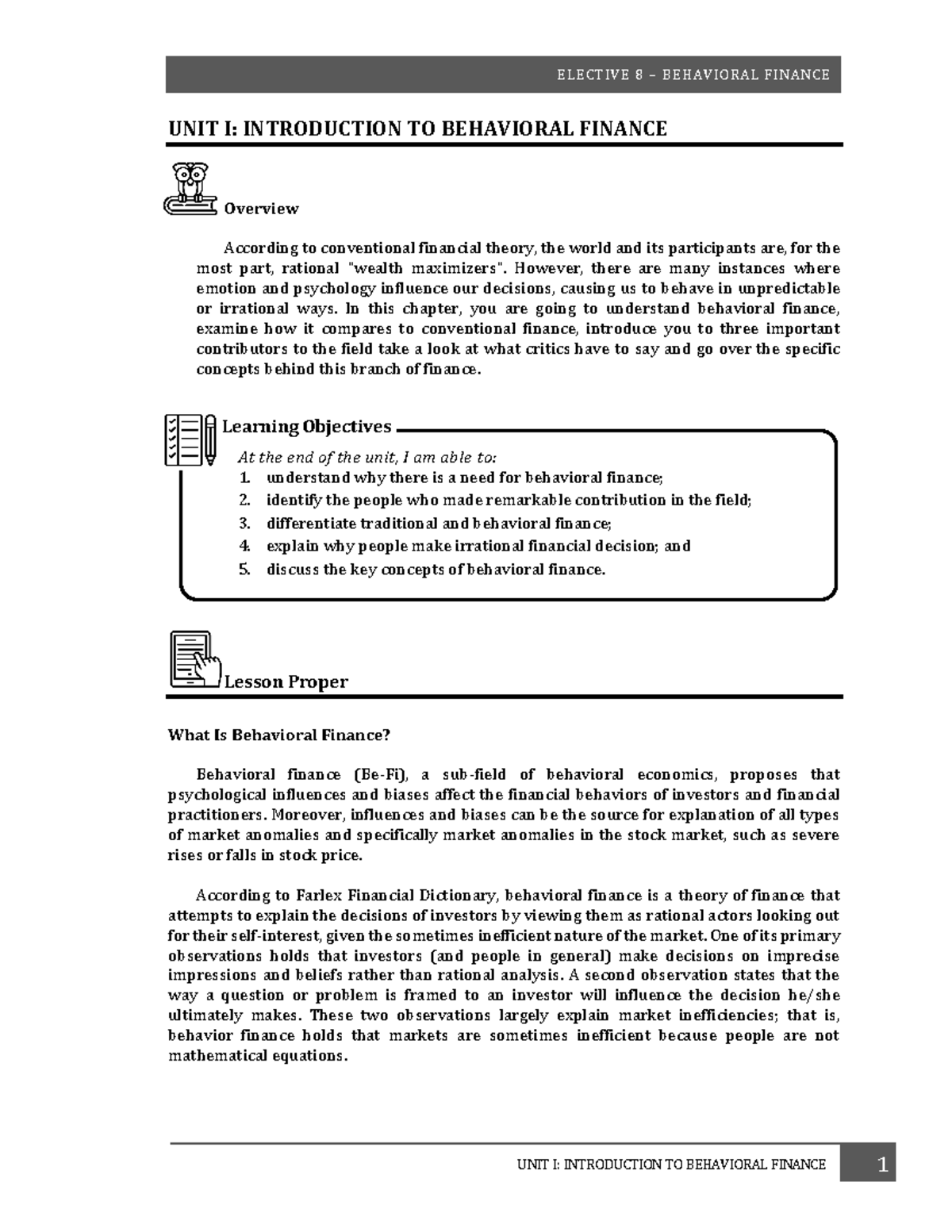 Unit I-Introduction on Behavioral Finance - A Simple Glance - UNIT I ...