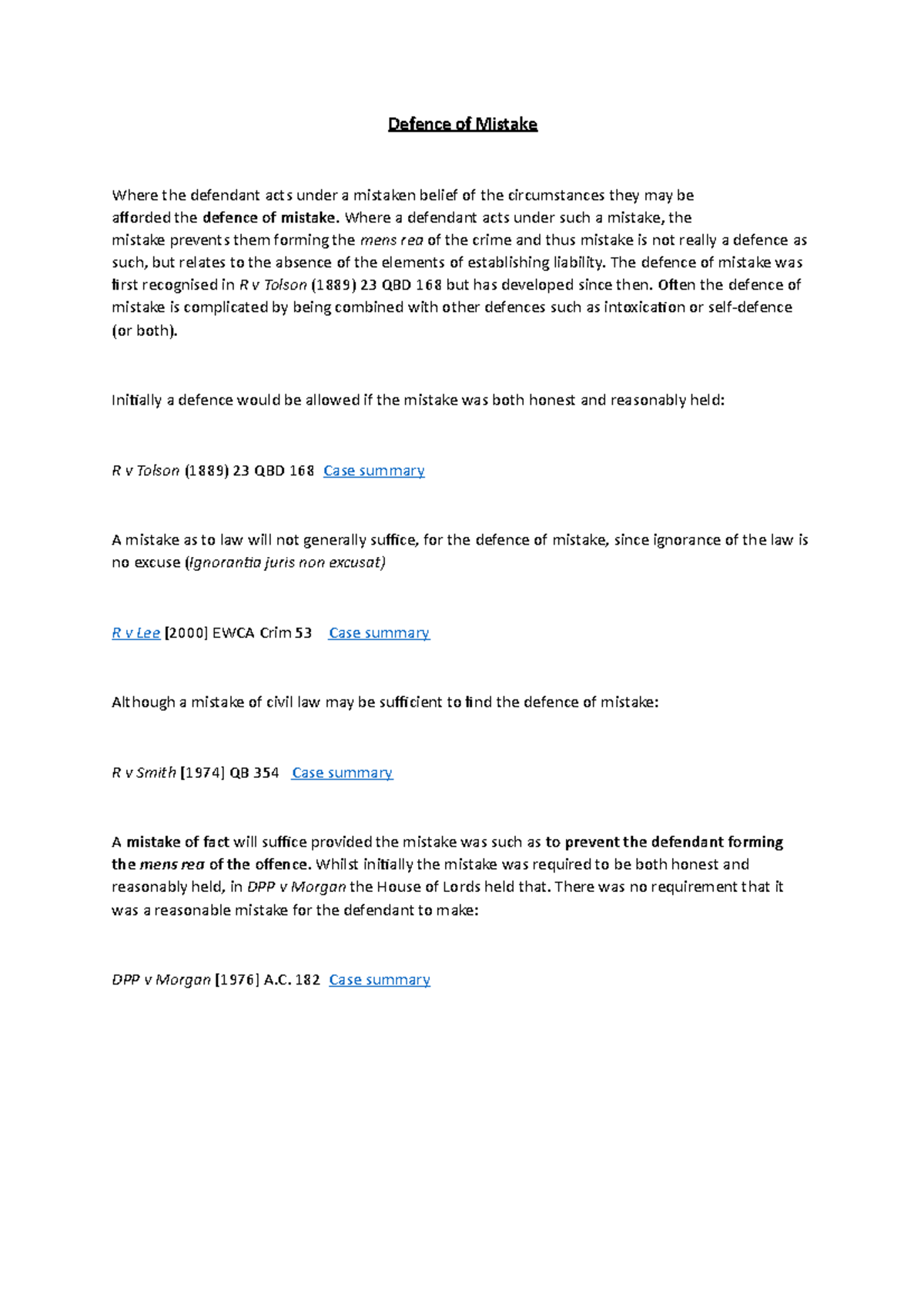 Defence of Mistake - Criminal Law - Defence of Mistake Where the ...