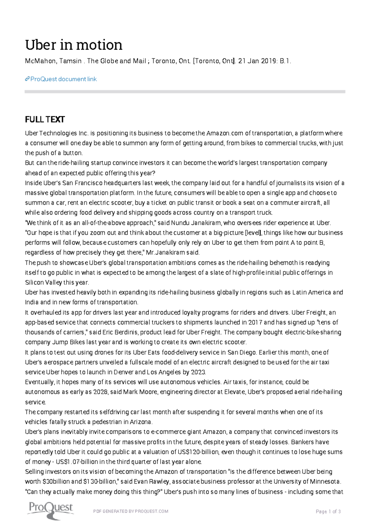 UBER IPO Pro Quest Documents-2021-12-16 - FIN-4203 - Lambton College - Studocu