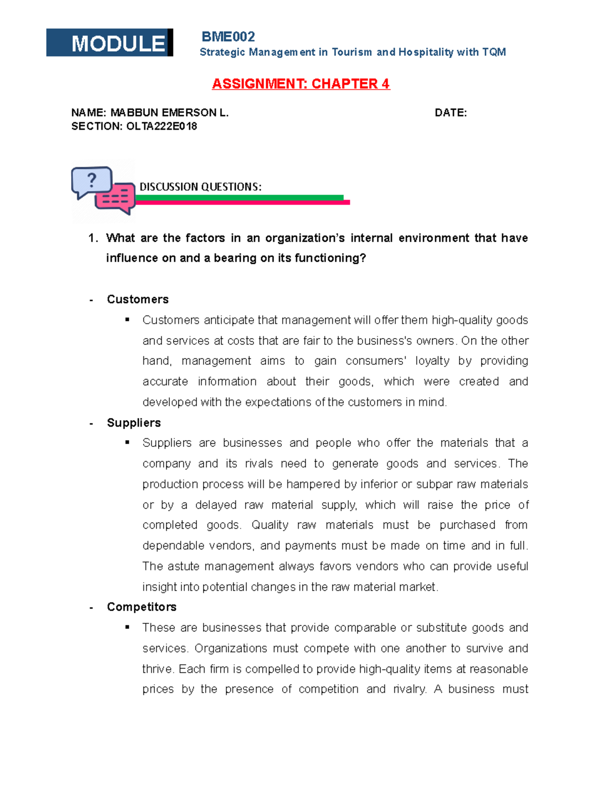 Assignment Chapter 4 BME002 - DISCUSSION QUESTIONS: BME Strategic Management in Tourism and ...