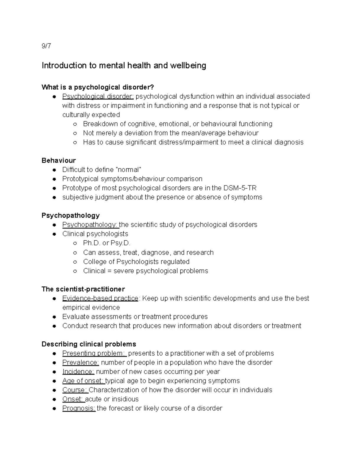 PSYC 260 notes - 9/ Introduction to mental health and wellbeing What is ...