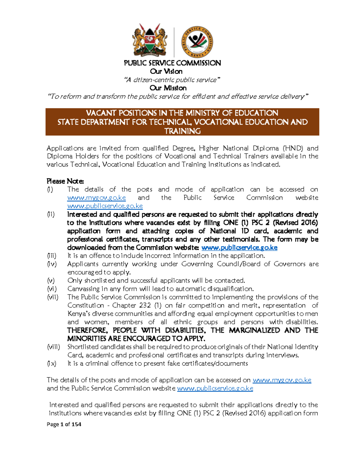 Vacant positions in the Ministry of Educaton State Department for TVET ...