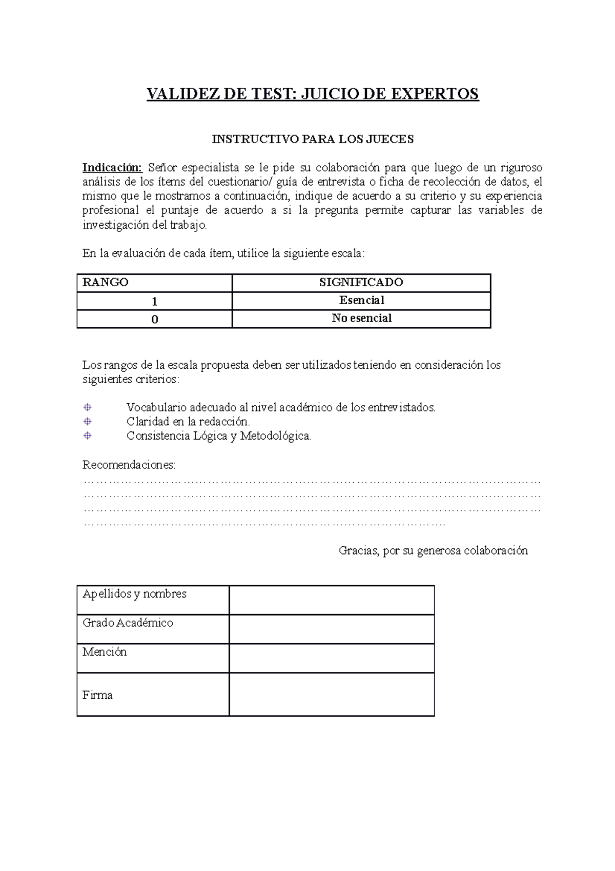 Formato Ejemplo DE Validacion - VALIDEZ DE TEST: JUICIO DE EXPERTOS ...