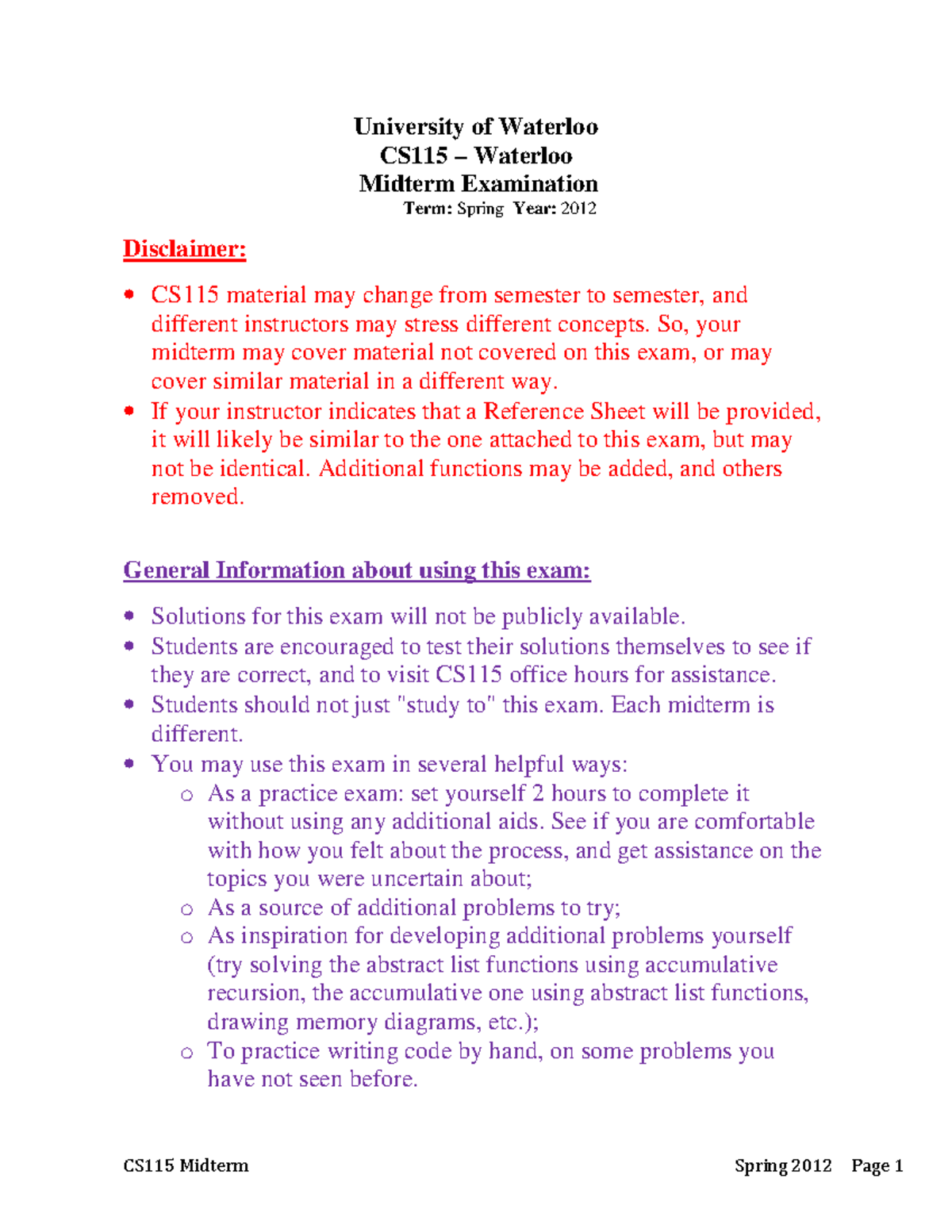 Exam 2012, questions and answers - midterm - University of Waterloo CS115 – Waterloo Midterm ...