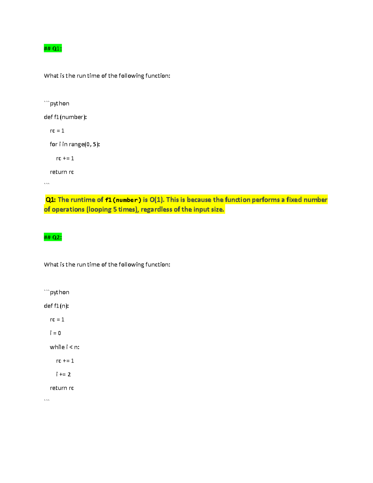 Midterm Questions - ## Q1: What is the run time of the following function: def f1(number): rc ...