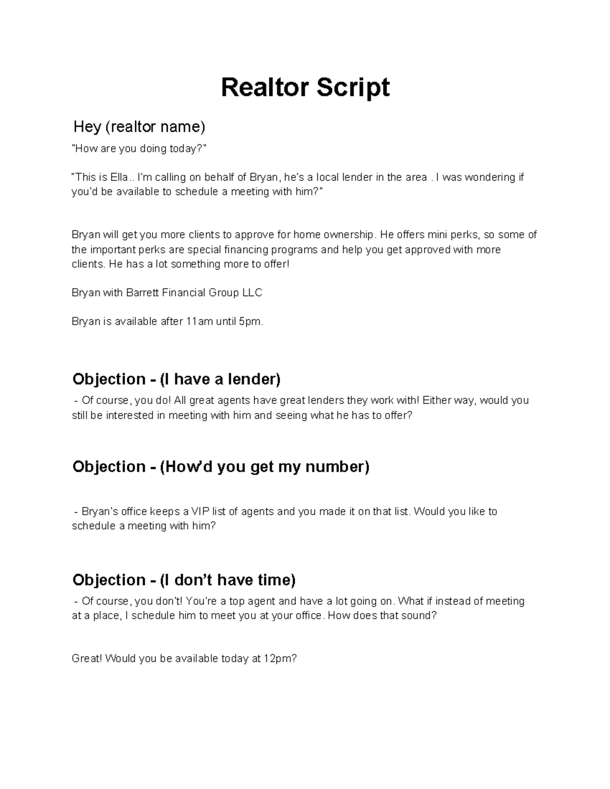 Realtor Script - Assignment - Realtor Script Hey (realtor name) ”How ...
