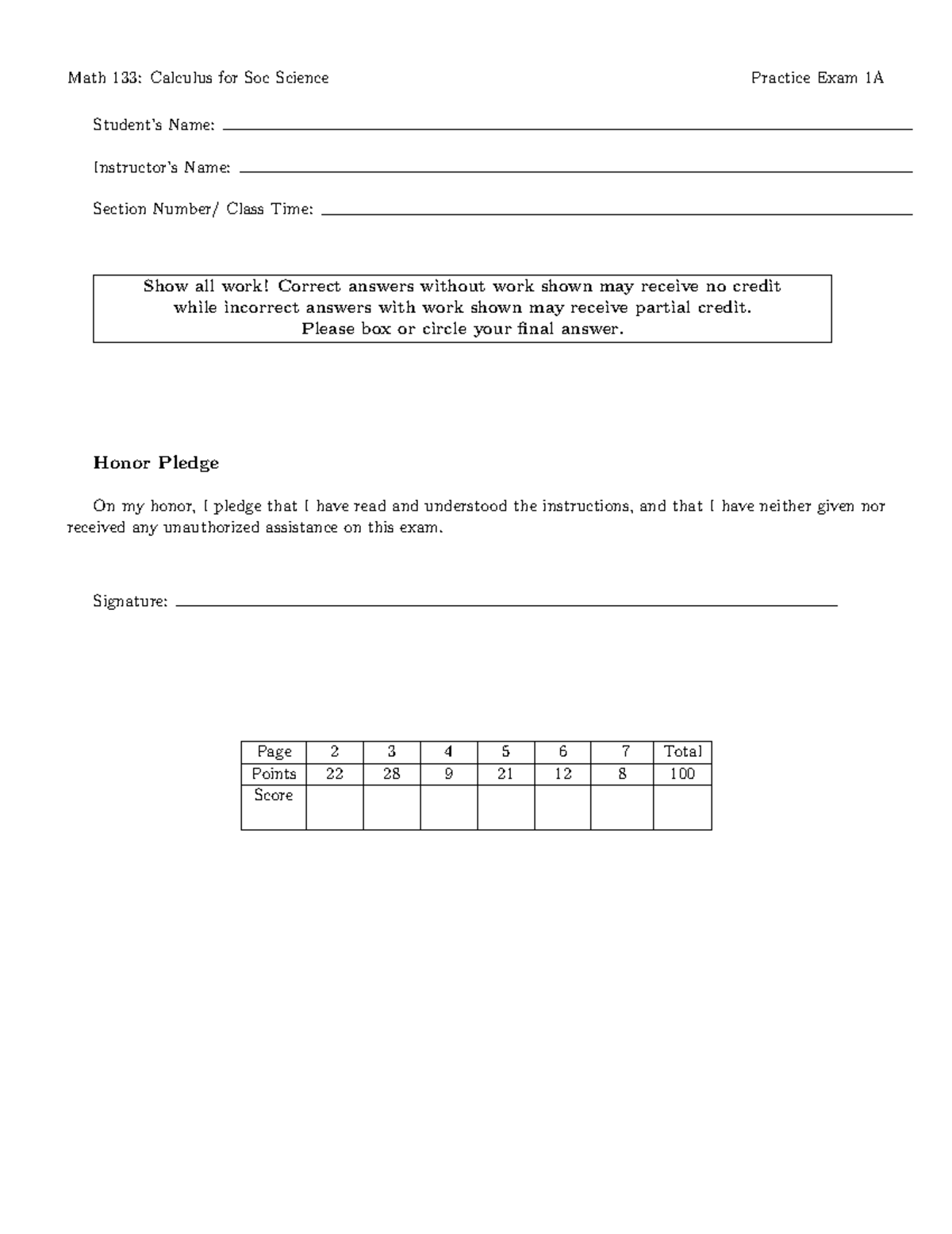 2. Math 133 Practice Exam 1A Solutions - Math 133: Calculus for Soc ...