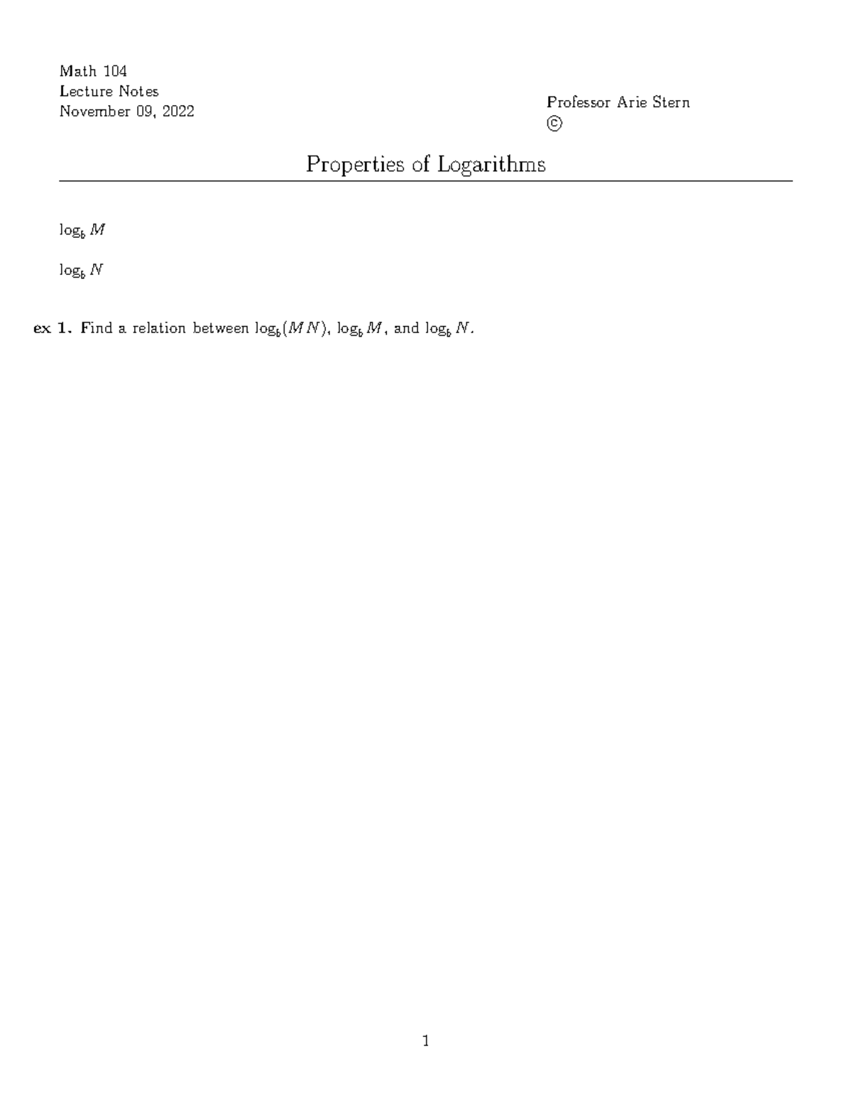 Properties of Logarithms - Math 104 Lecture Notes November 09, 2022 ...