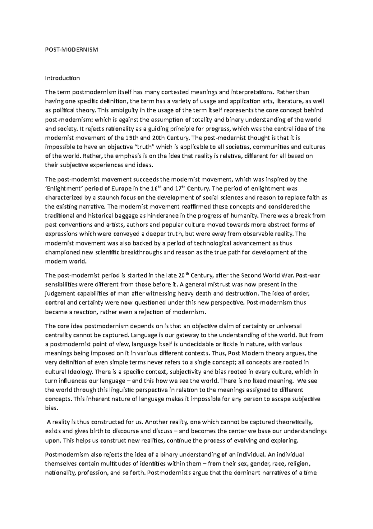 Post-modernism - same as title - POST-MODERNISM Introduction The term ...